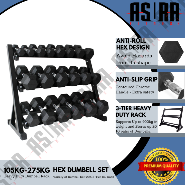 105KG - 275KG Premium Hexagon Dumbell Set with 3-Tier Heavy Duty ...