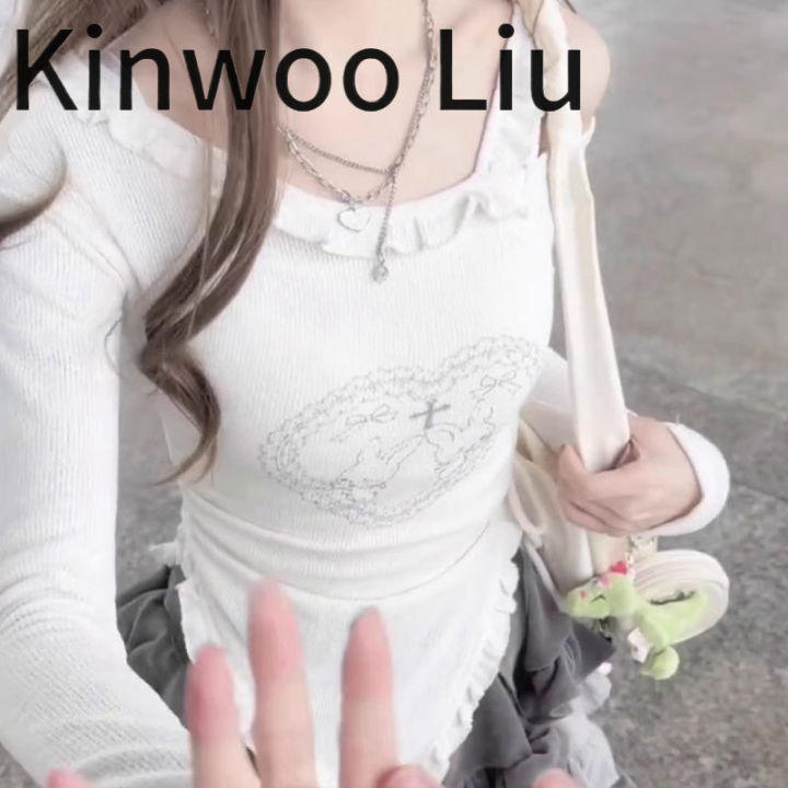 เสื้อยืดสายคล้องไหล่หนึ่งสายเอวสูง Kinwoo Liu | Lazada.co.th