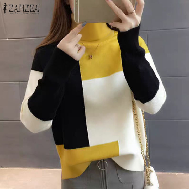 ZANZEA Korean Style Womens Elegant High Neck Color Blocks Sweater ...