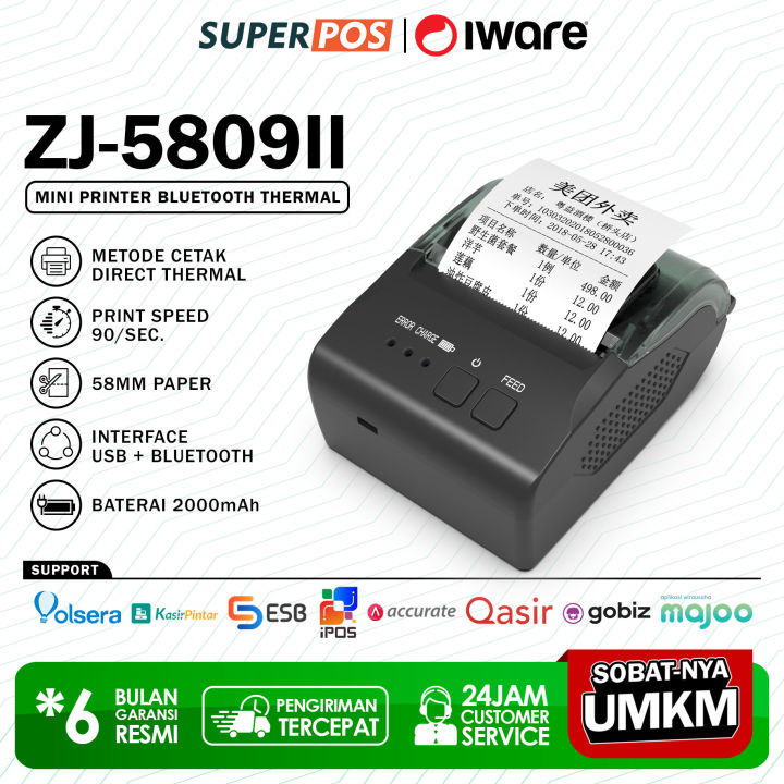 Mini Printer Bluetooth Thermal Kasir Iware ZJ5809II Free Kertas 1 Roll ...