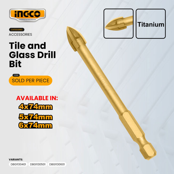 Ingco 1/4" Titanium-Coated Tile & Glass Drill Bit Precision Drilling ...