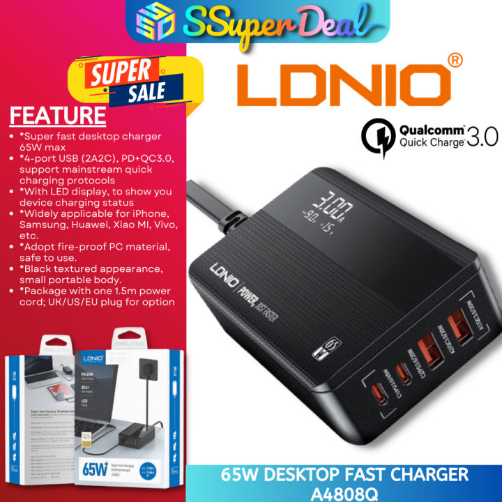 LDNIO A4808Q 65W Dual PD Type-C + Dual QC USB Ports Super Fast Desktop ...
