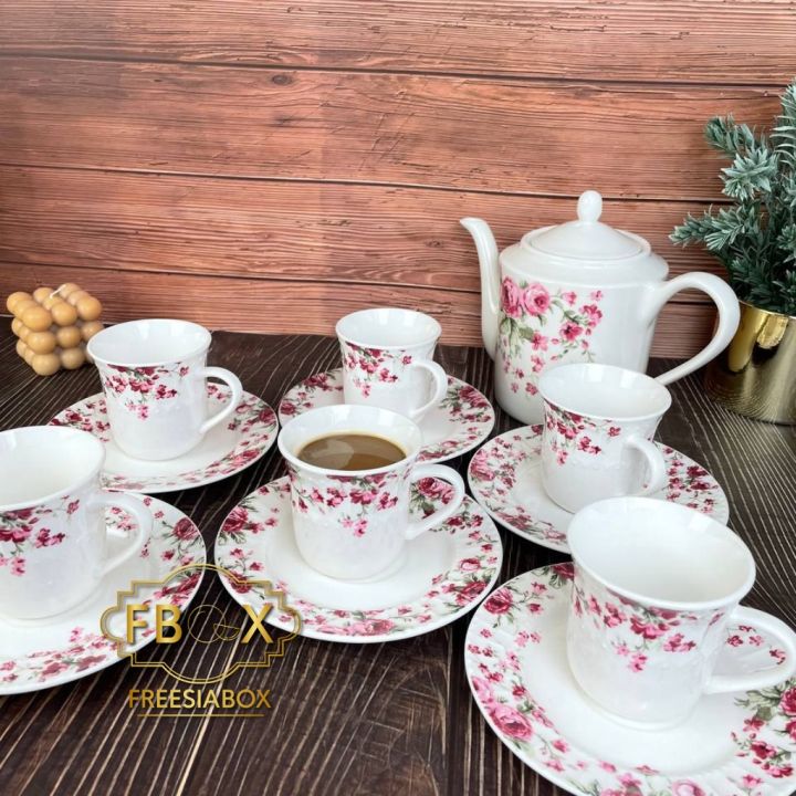 (READY STOCK) Pink Tea Set 6pcs Cup & Saucer + Teapot | Lazada