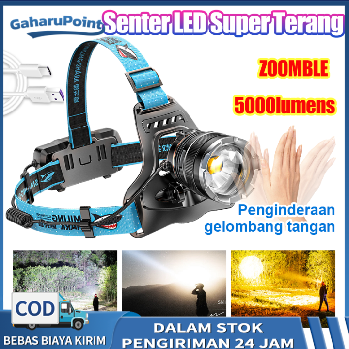 Lampu senter kepala jarak jauh led super terang Tahan Air Isi Ulang Sensor Gerak Lampu Kepala ...