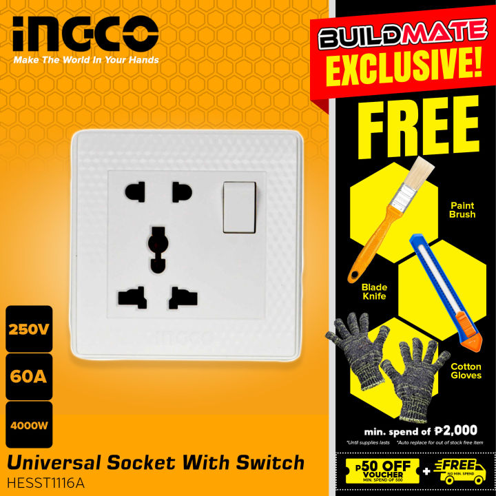 INGCO Universal Socket 1 Gang with Switch 4000W 16A 250V Charger Port ...