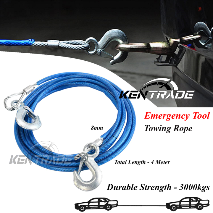 4M x 8mm 3 Tons Car Tow Strap Truck Steel Cable Towing Winch Snatch ...