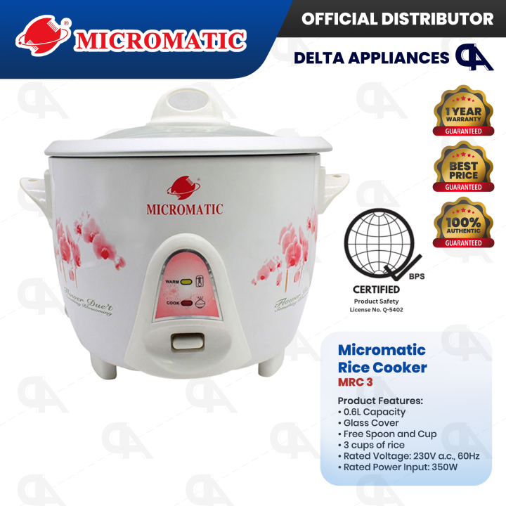 Micromatic Rice Cooker w/ Glass Lid 0.6L / 1.0L /1.5L / 1.8L / 2.2L / 2.8L 3 to 18 Cups White ...
