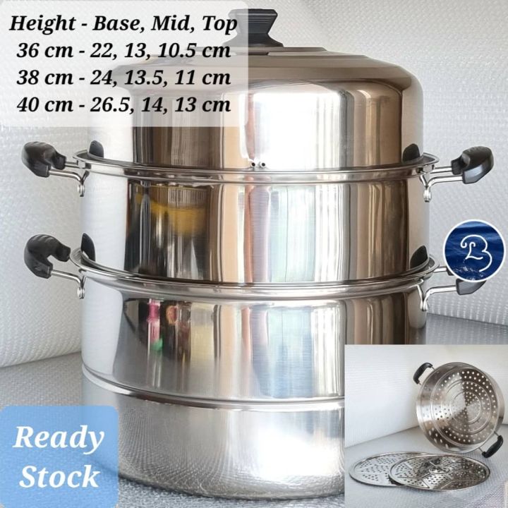 Stainless Steel Steamer Pots with Extra Thickness, 3 Tiers (36, 38, 40 cm) | Lazada