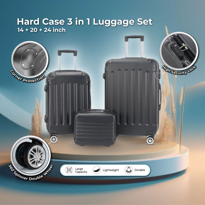 【READY STOCK】3 IN 1 Luggage Set (14"+20"+24") Plain Travel Luggage Bag ...