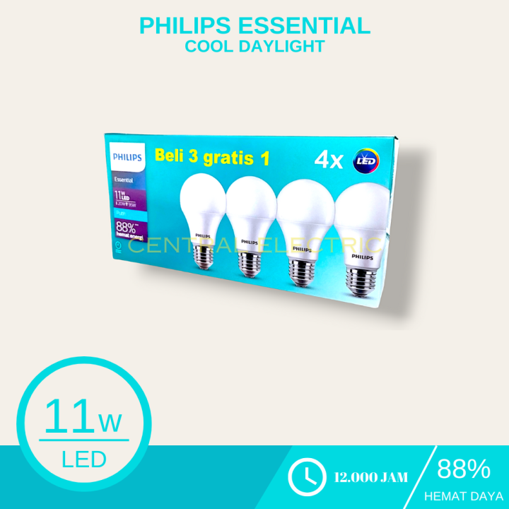 PAKET 3 GRATIS 1 Lampu PHILIPS LED Essential 5W 7W 9W 11W Putih - Bohlam LED Multipack 5 7 9 11 ...