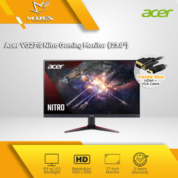 Acer Nitro VG271S 27 Inch FHD 1920 x 1080 IPS 165Hz Gaming Monitor with ...