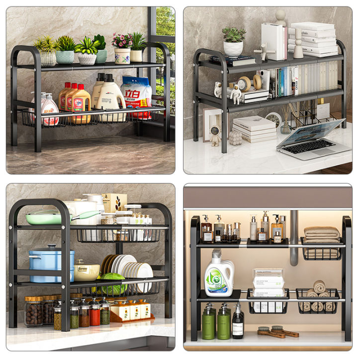 Kitchen retractable under sink rack cabinet layered rack kitchen ...