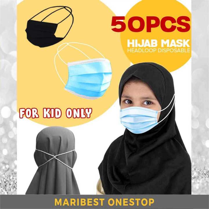 50PCS KIDS HIJAB FACE MASK 3 PLY HEADLOOP TUDUNG DISPOSABLE MASK MURAH ...