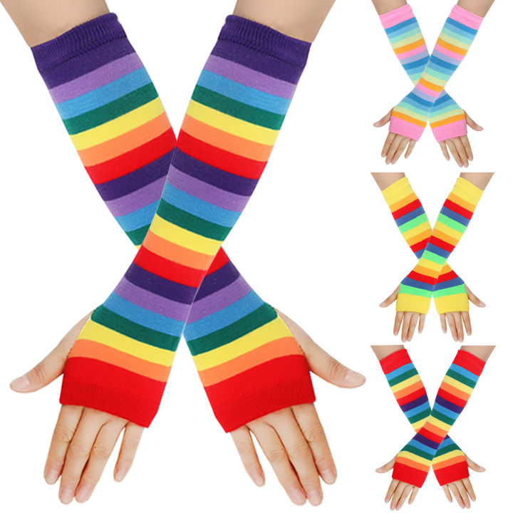 Knitted Fingerless Gloves Knitted Wrist Sleeves Women's Rainbow Arm ...