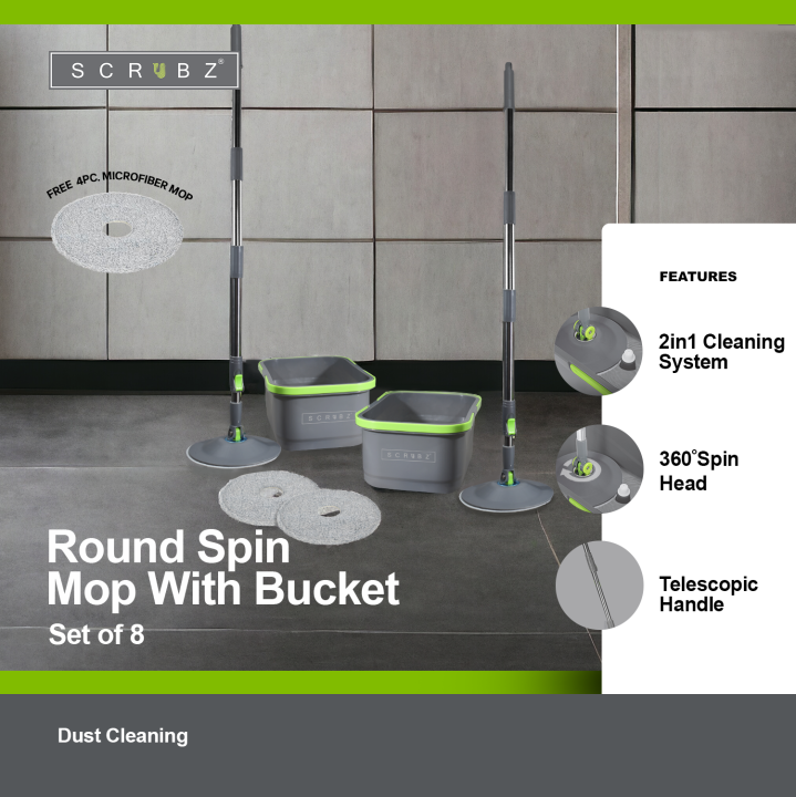 SCRUBZ Premium Set of 2 360° Microfiber Spin Mop with Bucket Tornado ...