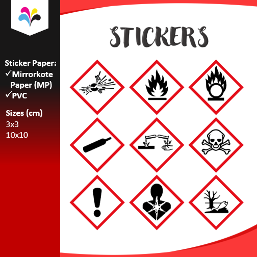 Hazard label sticker GHS pictogram Explosives flammables Oxidisers ...