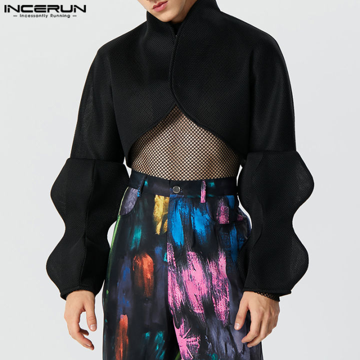 INCERUN Mens Puff Sleeve Mandarin Neck Personality Cropped Plain Suit ...