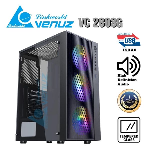 VENUZ ATX Tempered Glass Gaming Case VC2803G with Rainbow RGB Fan x 3 ...