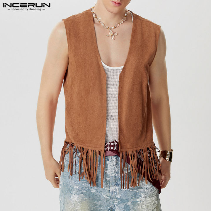 [Perfectly] INCERUN Men Vests Solid Color Tassel Sleeveless Open Stitch ...