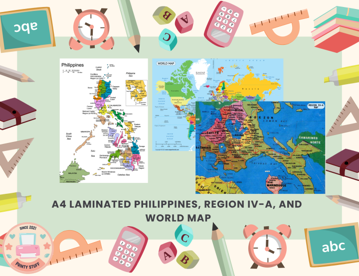 A4 Laminated Chart Philippines, Region IV-A (4-A) and World Map | Lazada PH