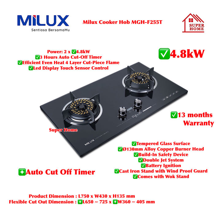 Milux Built-in Hob MGH-F255T Digital Timer Tempered Glass Built-in Hob ...