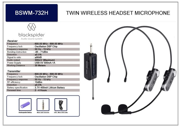 Black Spider BSWM-731H / BSWM-732H Professional UHF Wireless Mic (Headset) | Lazada