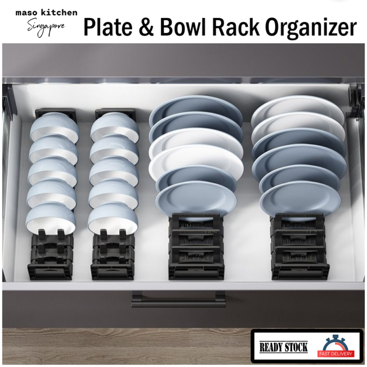 Plate & Bowl Rack Kitchen Organizer - Adjustable Cabinet Drawer ...