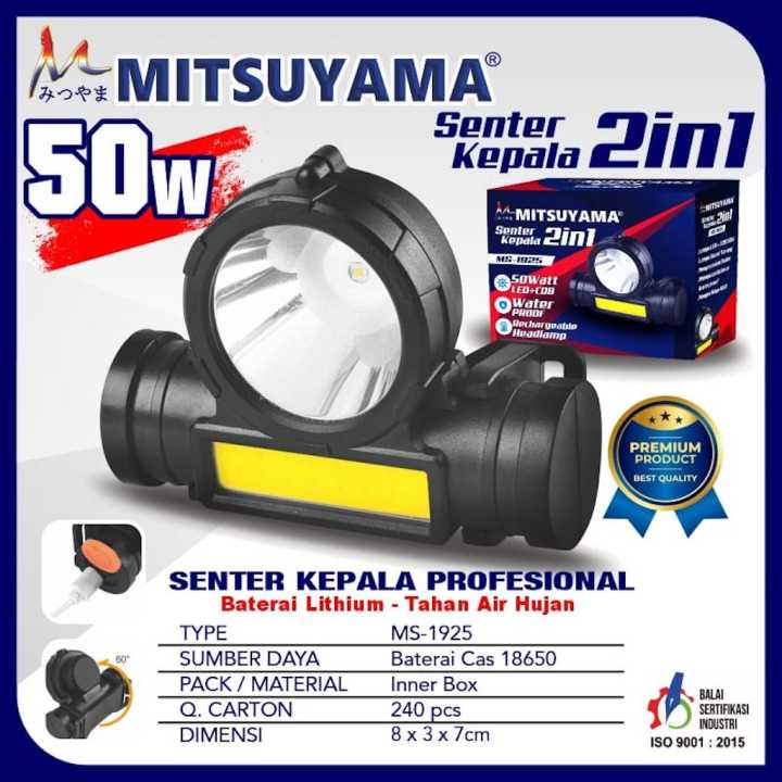 Mitsuyama Senter kepala Super Terang MS-1925 50Watt +16 LED SMD Rechargeable Tahan 12 JAM ...