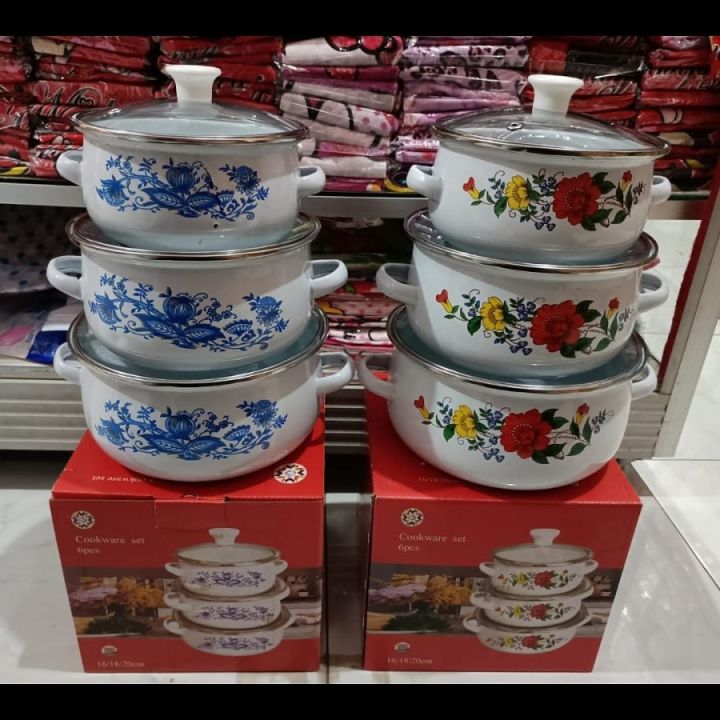 Panci Motif Bunga Set Enamel Tebal Susun 3pcs + Tutup Kaca 3pcs ...