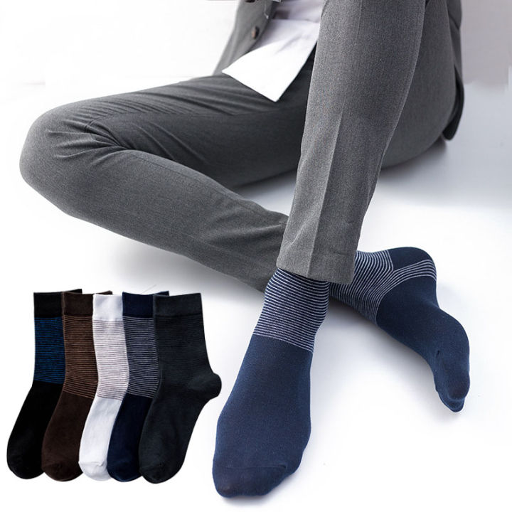 Men Business Socks Cotton Striped Breathable Men Semi-high Socks for ...