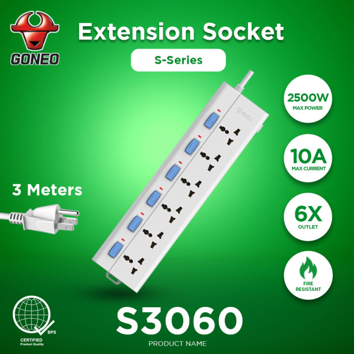 Bull Extension Socket S Series S3060 300cm Cable 6 Outlets 2500w 10A ...