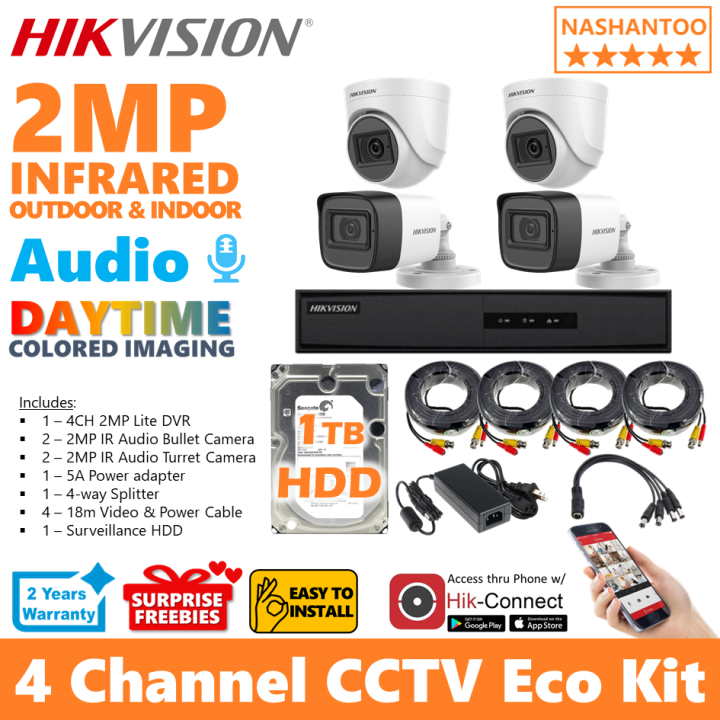 HIKVISION 4CH 2MP 4Cameras (2 Outdoor Bullet, 2 Indoor Turret/Dome) IR Audio 4CH DIY ECO CCTV ...