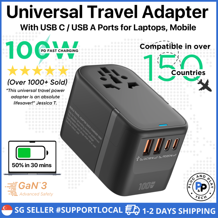 UniAdapter 45/65/100W GaN 3 Universal Travel Adapter USB C USB A Ports ...