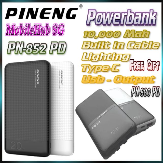 Pineng PN880 | PN852| 10000mAh Built In Cable Power Bank PD+QC 3.0 22 ...