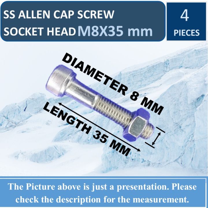 SS Allen Cap Screw Socket Head M8x35 mm 1.26 thread pitch with nuts - 4 ...