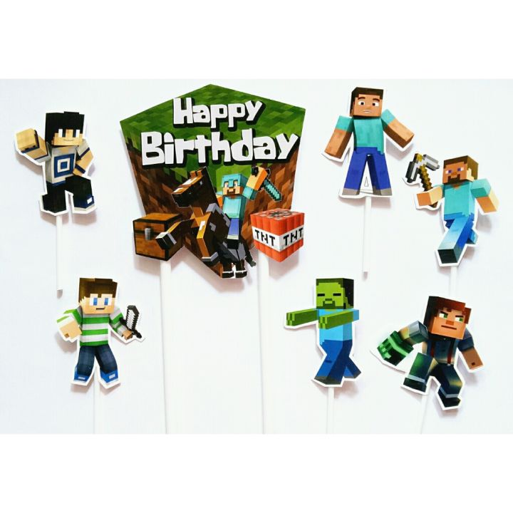 hiasan kue ulang tahun cake topper satu set tema Minecraft / Mine craft ...