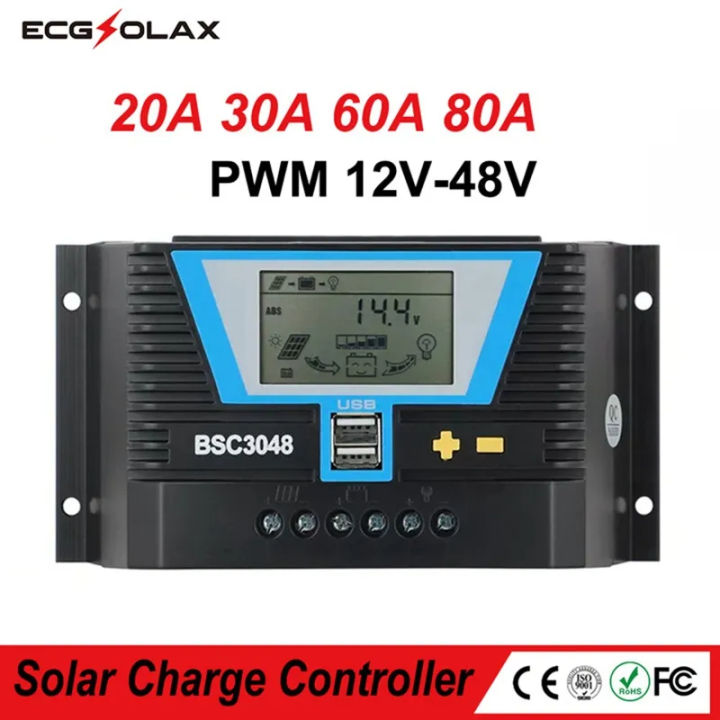 ECGSOLAX Intelligent Solar Charge Controller 12V 24V 36V 48V LCD Lithium Battery 20A 30A 60A 80A ...