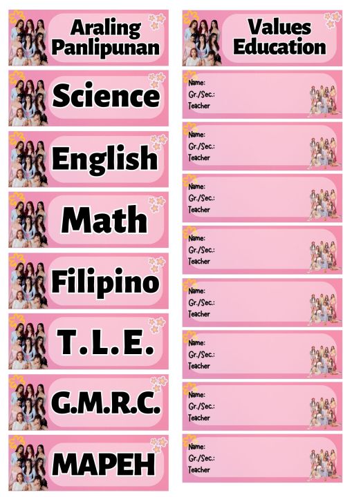 BINI Inspired Subject and Name Stickers (PINK) GRADE 4-10 | MATATAG ...