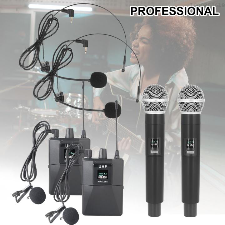 UHF Wireless Mic System Handheld Dual Microphone with Receiver Wearable ...