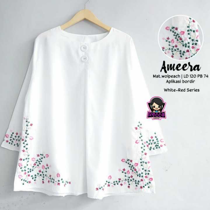 Baju Atasan Blouse Wanita Putih Bordir Bunga Jumbo LD 120 Ameera Top ...