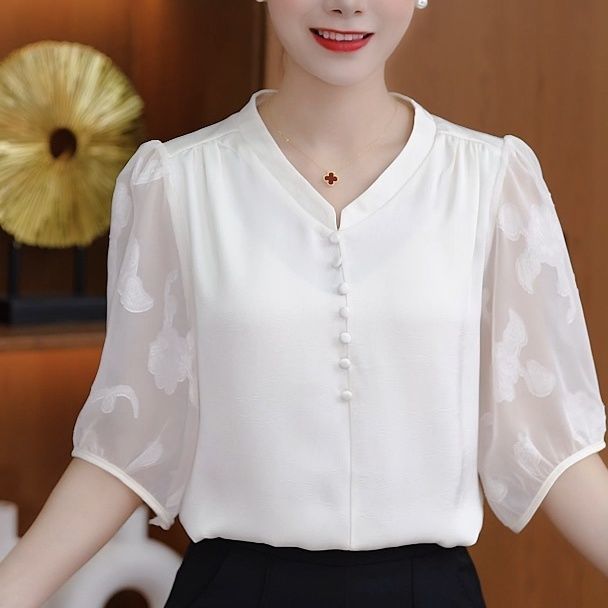 Plain Elegant Blouses & Shirts Women's V-neck Short-sleeved T-shirt New ...