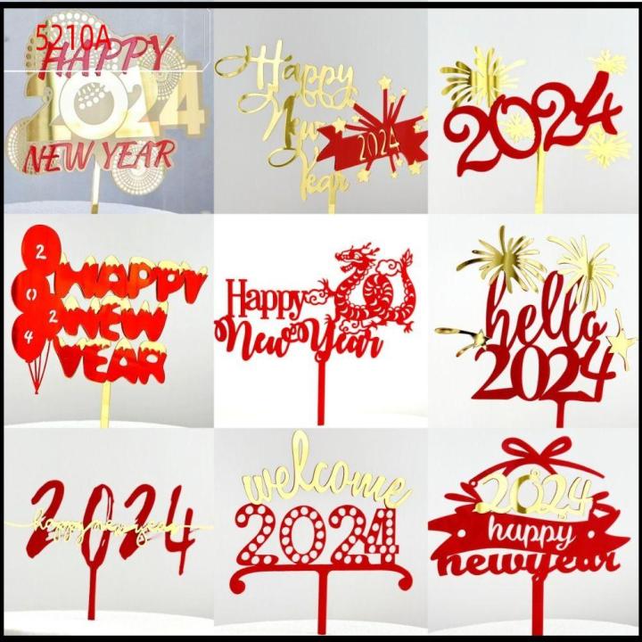 5210A สีแดงทอง ท็อปเปอร์เค้กรูป2024 โบว์น๊อต ดอกไม้ไฟมังกร สวัสดีปีใหม่ ของขวัญสำหรับเด็ก ของ ...