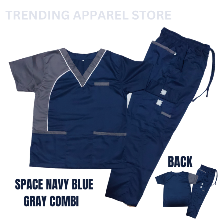 Scrub Suit Set Gray / Navy blue Combi Terno W/ Cargo Pants Cotton ...