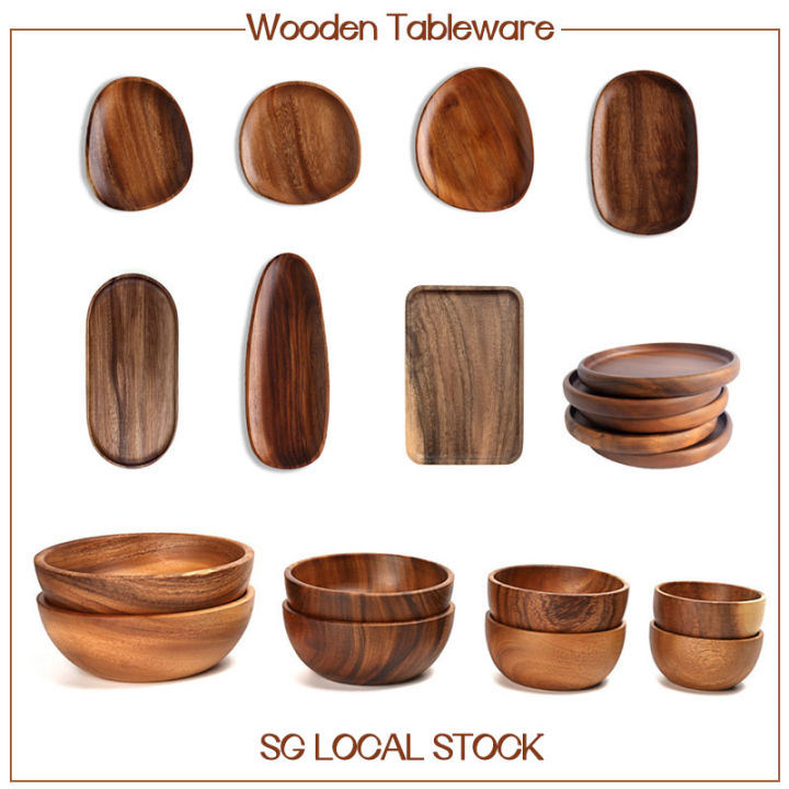 Specool® Japanese Style Wooden Bowls Plates Dinnerware Set Acacia Solid ...