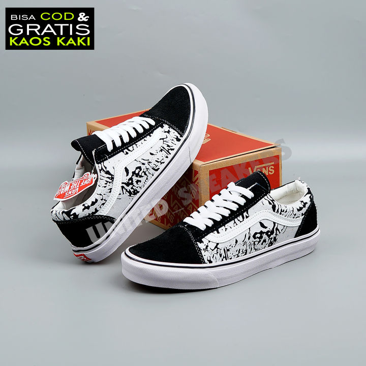 Sepatu Vans Oldskool Forgotten Bones Skull Black White Hitam Putih ...