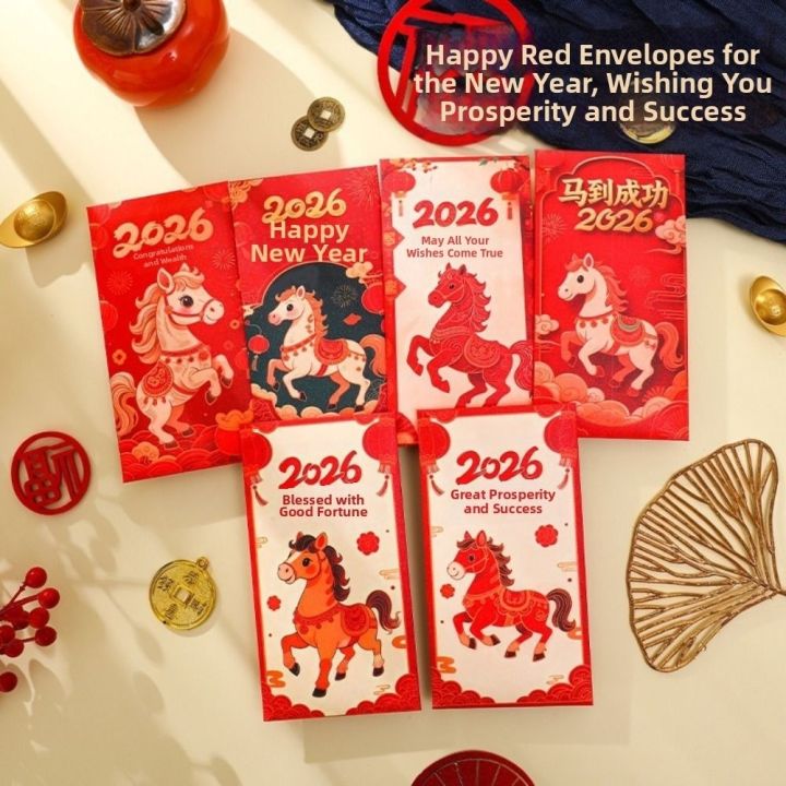 PRETTY MJ 6Pcs/Set Cute 2026 Horse Year Red Envelope Traditional Paper ...