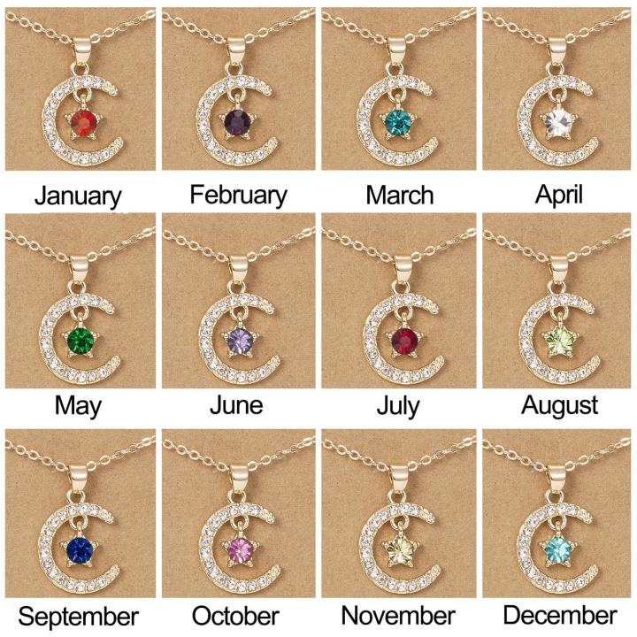 12 Month Necklace Women Diamond Birthstone Moon Star Pendant Paper Card ...