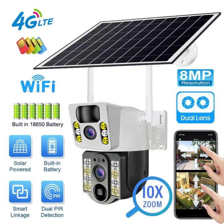 8MP 4K Wireless Solar Camera 4G Sim Outdoor Dual Lens Wifi IP Camera PIR Night Vision V380 Pro ...