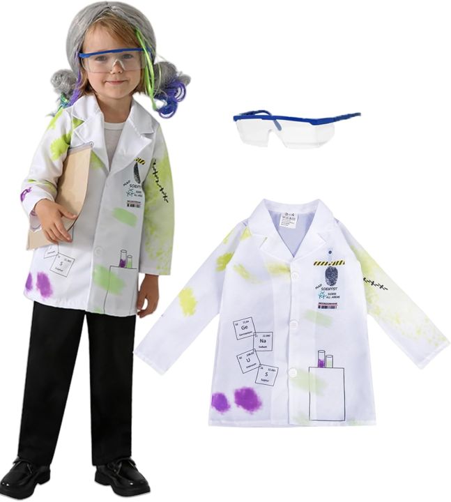 Costume for Girls Boys Crazy Science Lab Coat Kids Halloween Dress Up ...