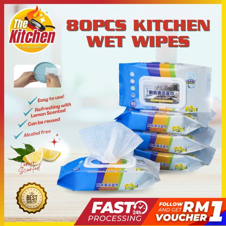 80pcs Kitchen Wet Wipes Cleaning Tissue Lemon Scent Heavy Duty Reusable ...